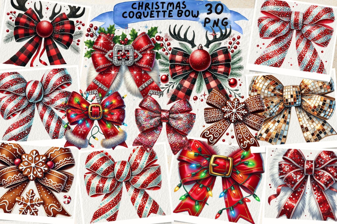 Christmas Coquette Bow Clipart, Elegant Festive Bows for Holiday Crafts ...