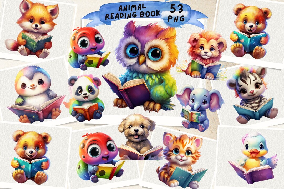 Cute Animals Reading Book Watercolor Clipart, Booklover Animals, Card ...