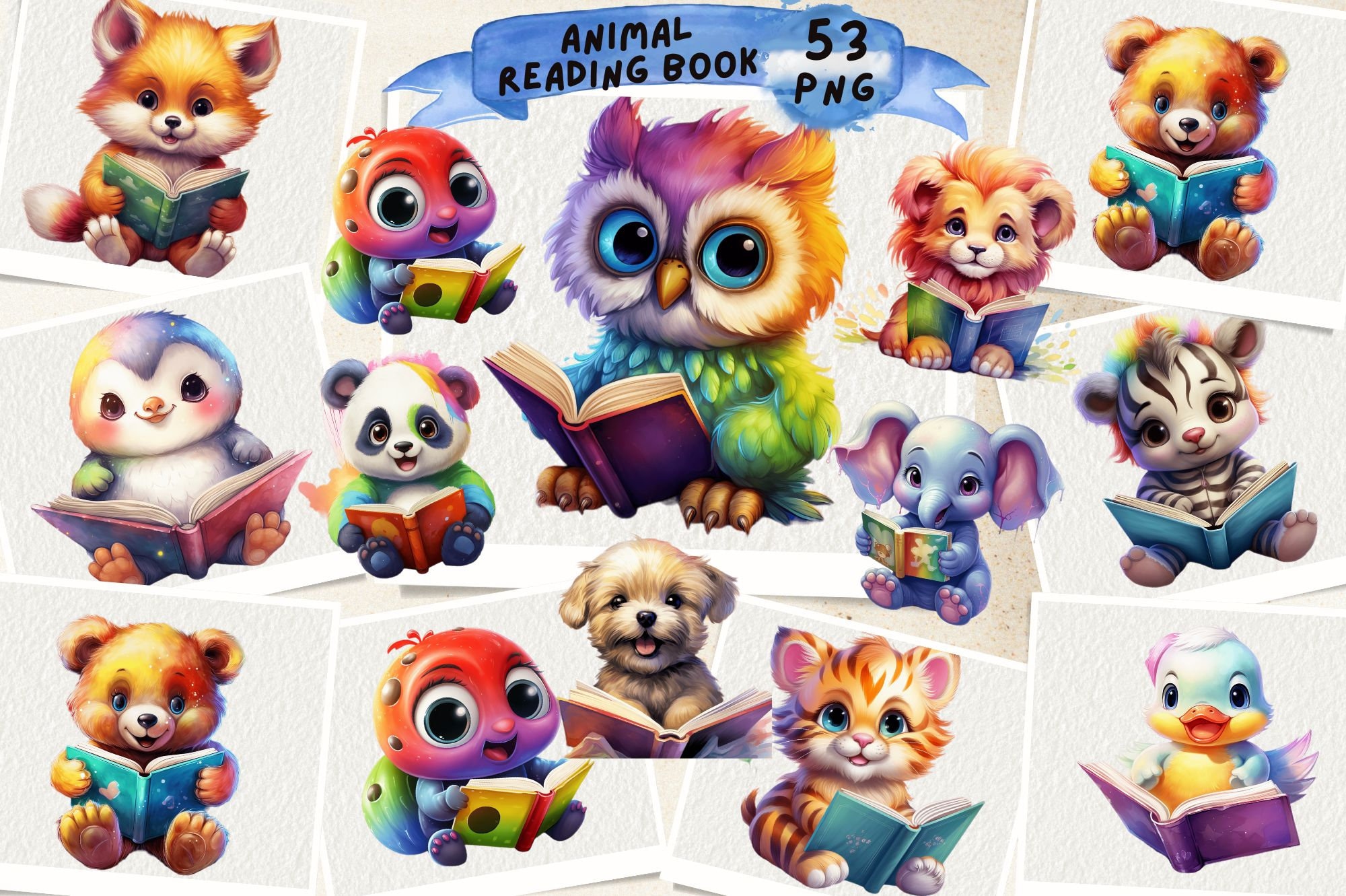 Cute Animals Reading Book Watercolor Clipart, Booklover Animals, Card ...
