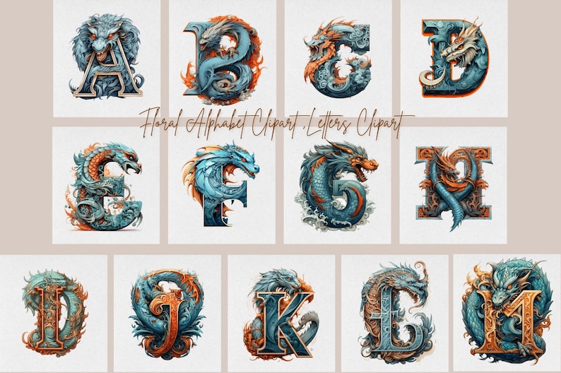 Dragon Art Letters Clipart Illuminated, Fantasy Dragon , Alphabet ...