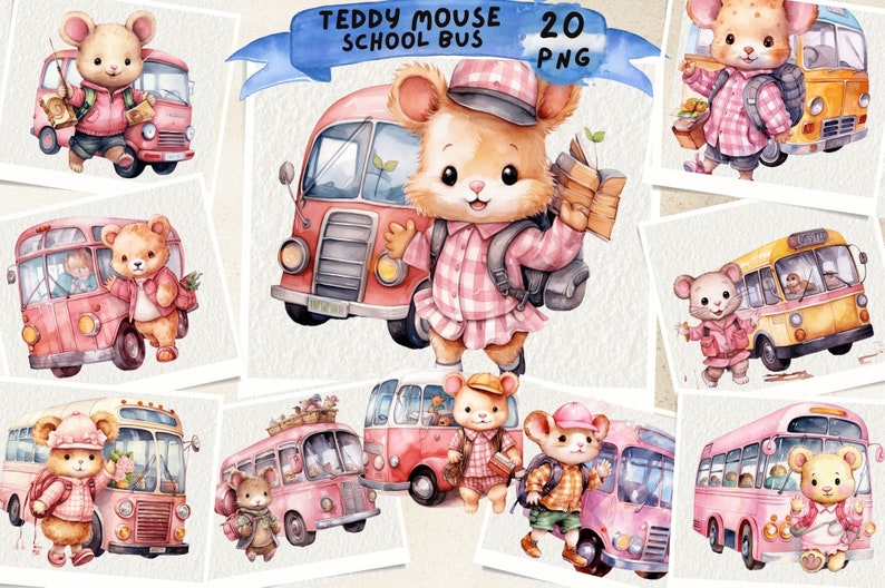Teddy Mouse School Bus Clipart, Back to School Clipart, Teaching ...