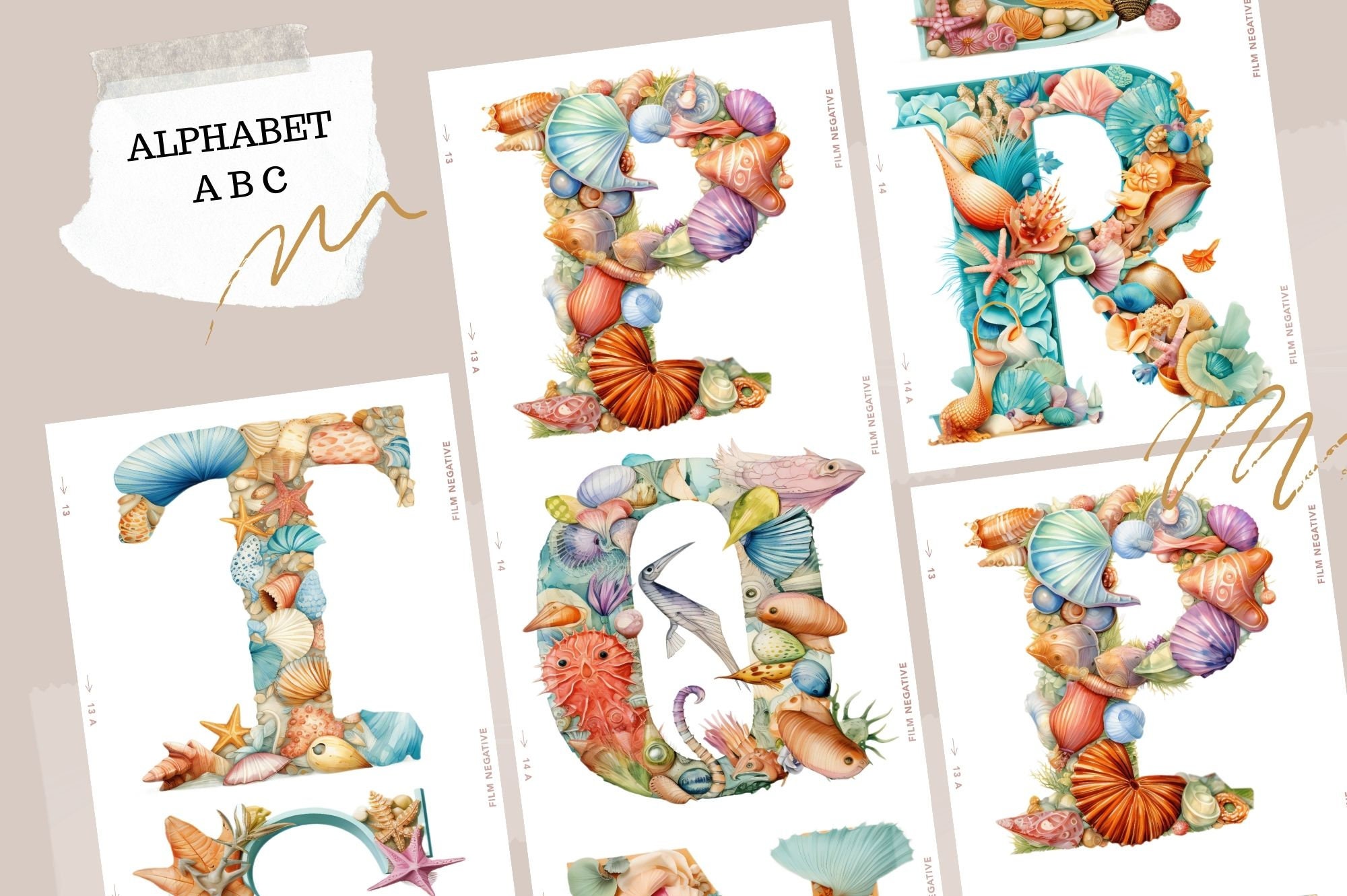 Corals and Shellfish Alphabet Clipart, Coral Reef Letters, Alphabet ...