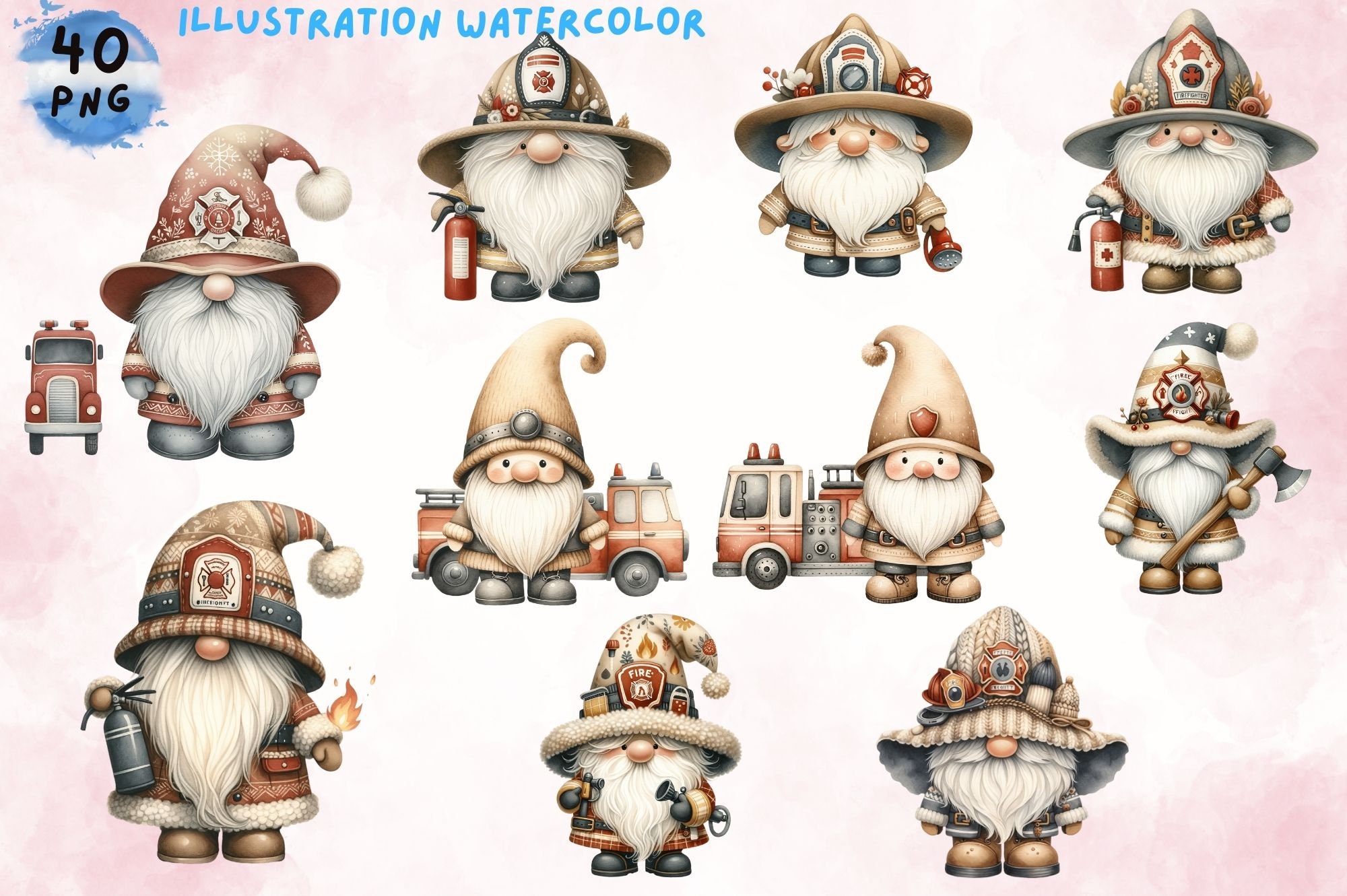 Firefighter Gnome Watercolor Clipart, Gnome Firefighter, Firefighter ...