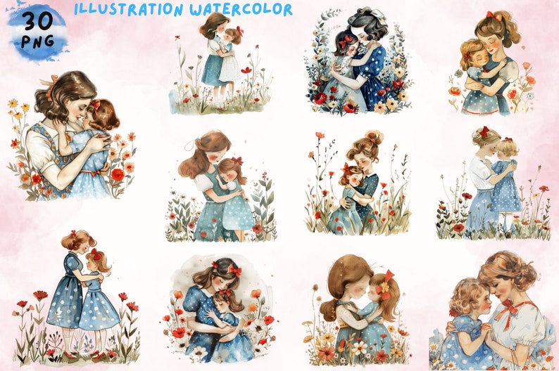 Mother's Day Clipart, Mother and Daughter Print, Printable Watercolor ...