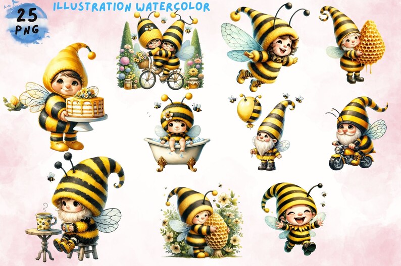 Bumble Bee Gnomes Clipart, Honey Bee Gnomes, Watercolor Gnomes Clipart ...