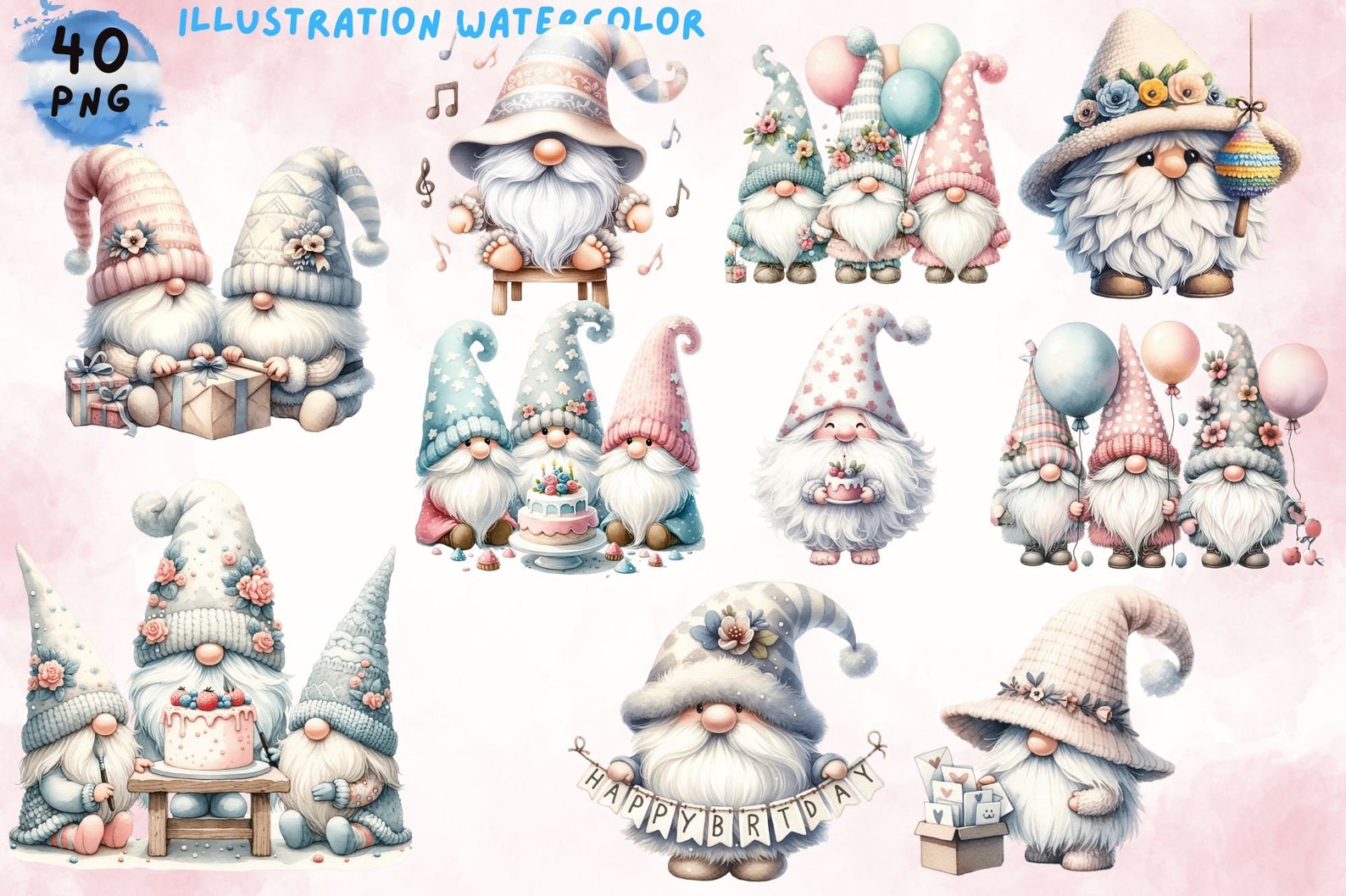 Birthday Gnomes Watercolor Clipart, Birthday Decoration Png, Whimsical ...