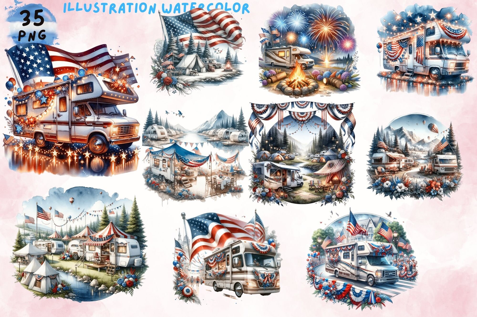 Camper Trailer Patriotic Clipart Bundle, Camper American Flag, 4th of ...