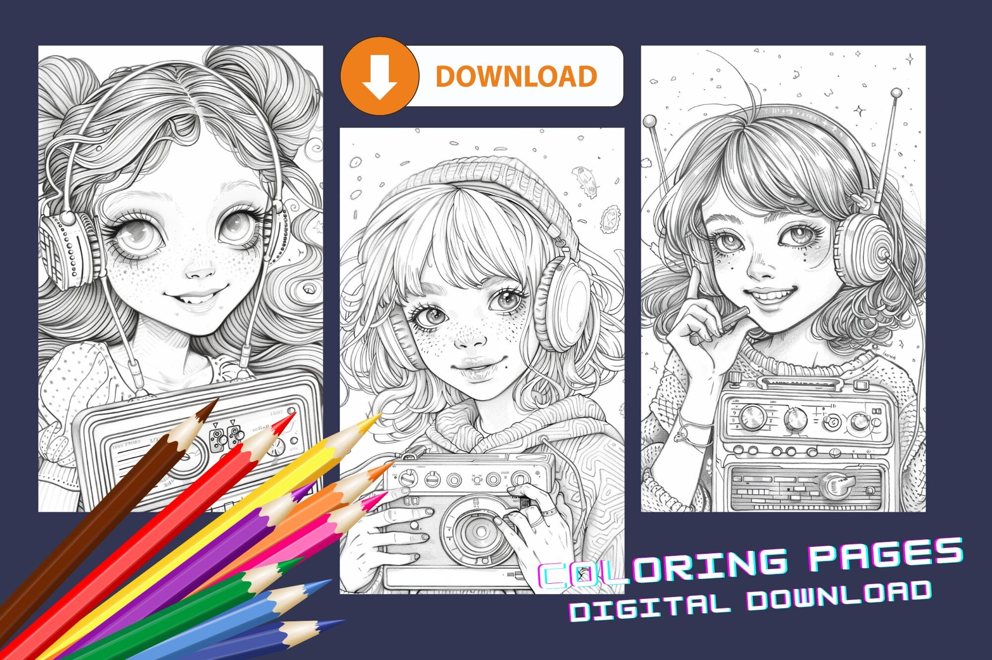 Cute Girl Vintage Radio Coloring Page, Girl Radio Vintage, Radio Girl ...