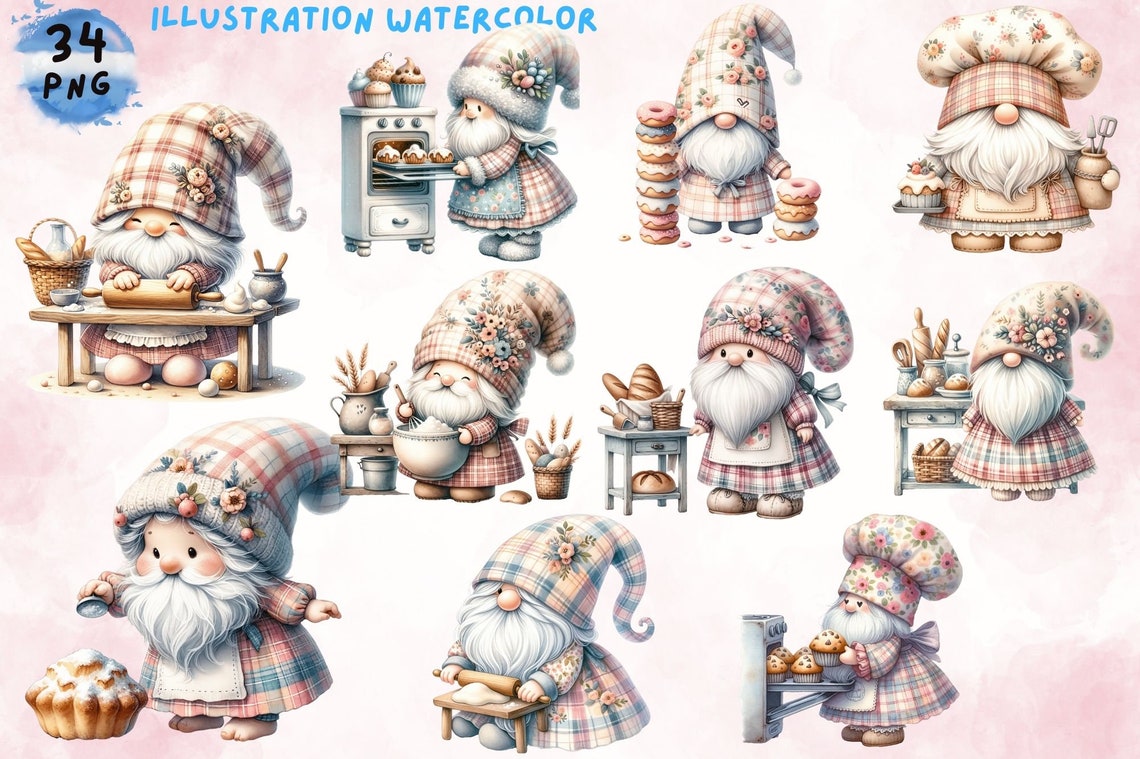 Baker Gnome Watercolor Clipart, Gnome Pastry Chef Clipart, Chef Gnome ...
