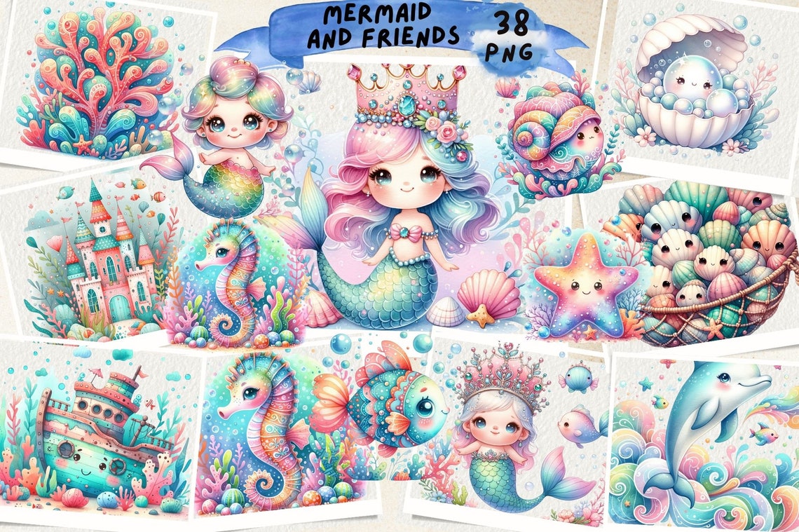 Cute Mermaid Watercolor Clipart, Digital Crafts Designs Transparent ...