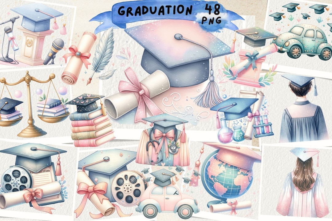 Watercolor Graduation Clipart: Cap, Gown, Diploma (PNG) - Etsy