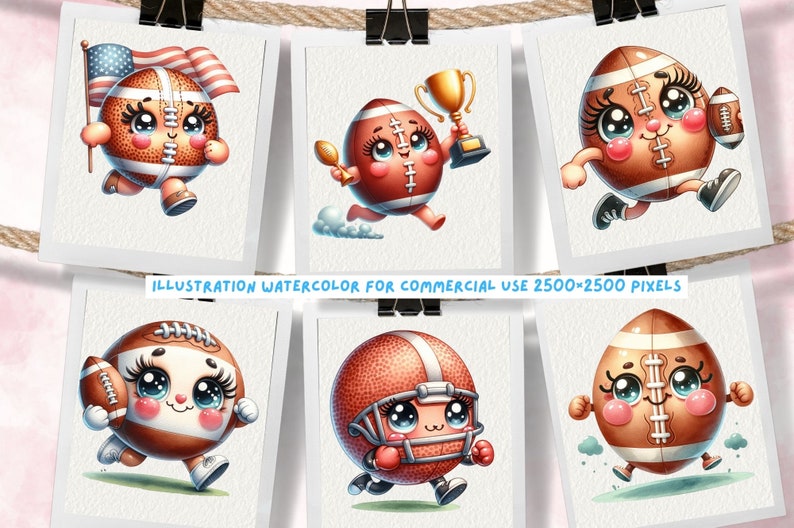 Cute Cartoon American Football Watercolor Clipart, Football Sublimation ...