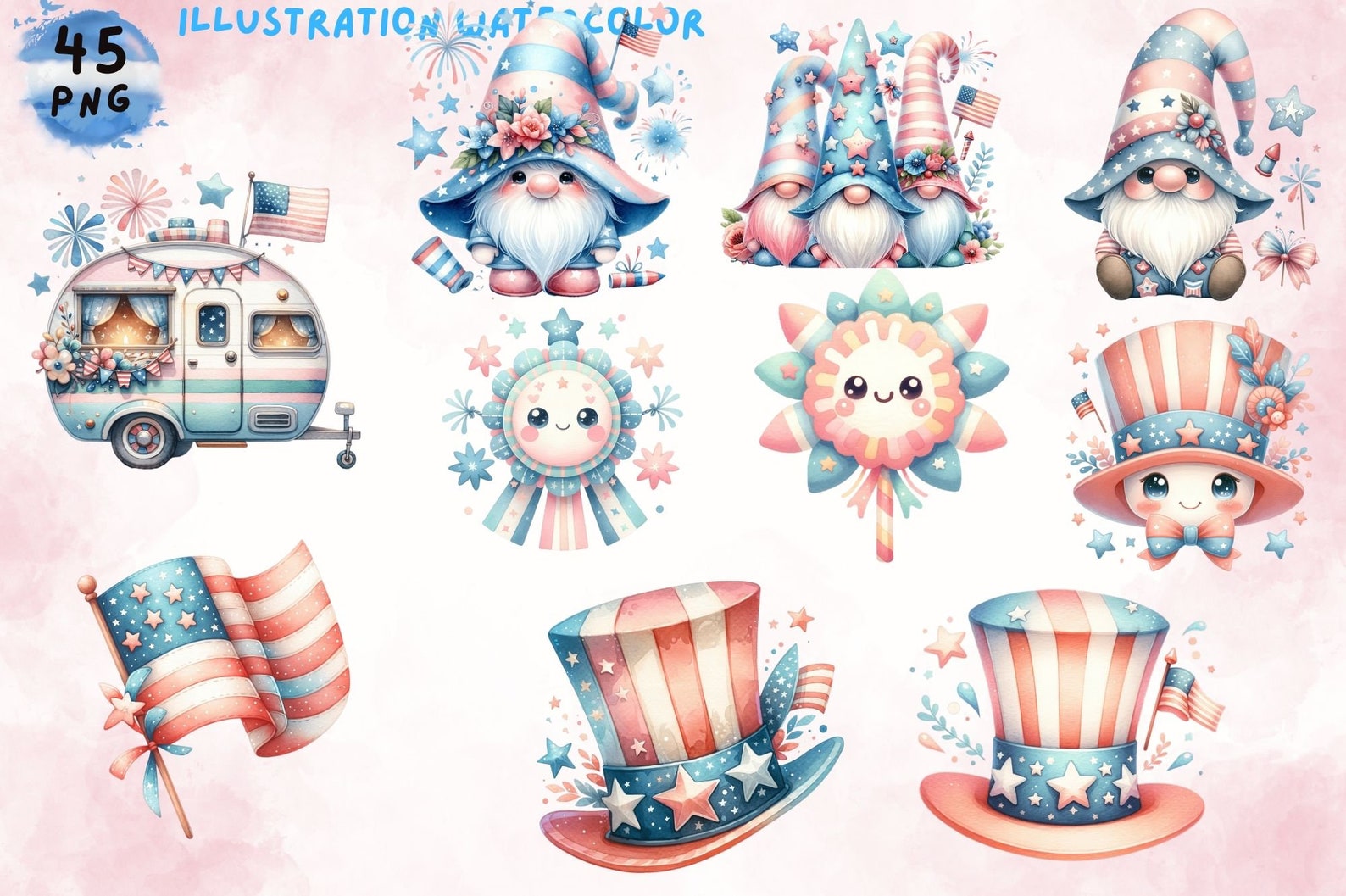 Cute Independence Day Clipart, 4th of July Watercolor Clipart Bundle ...