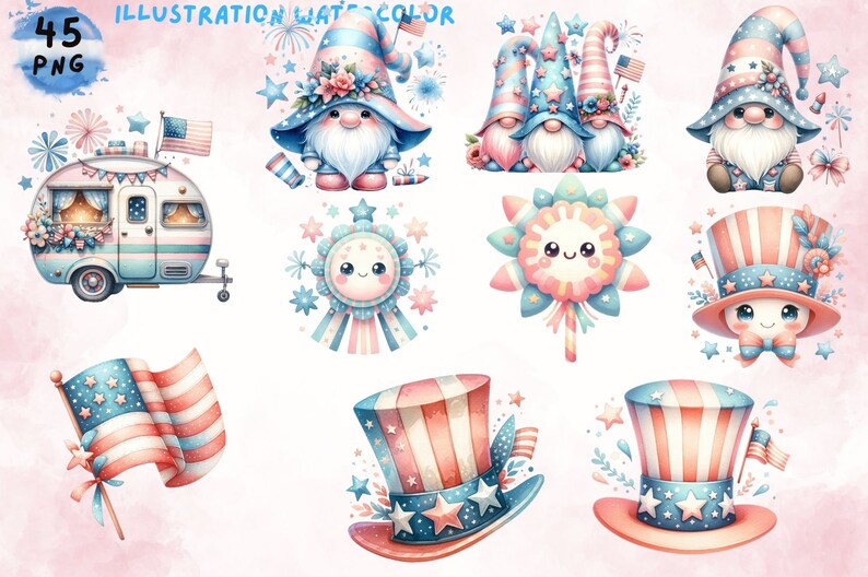 Cute Independence Day Clipart, 4th of July Watercolor Clipart Bundle ...