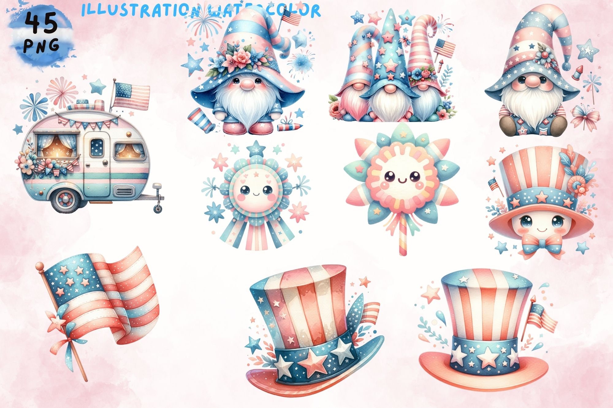 Cute Independence Day Clipart, 4th of July Watercolor Clipart Bundle ...