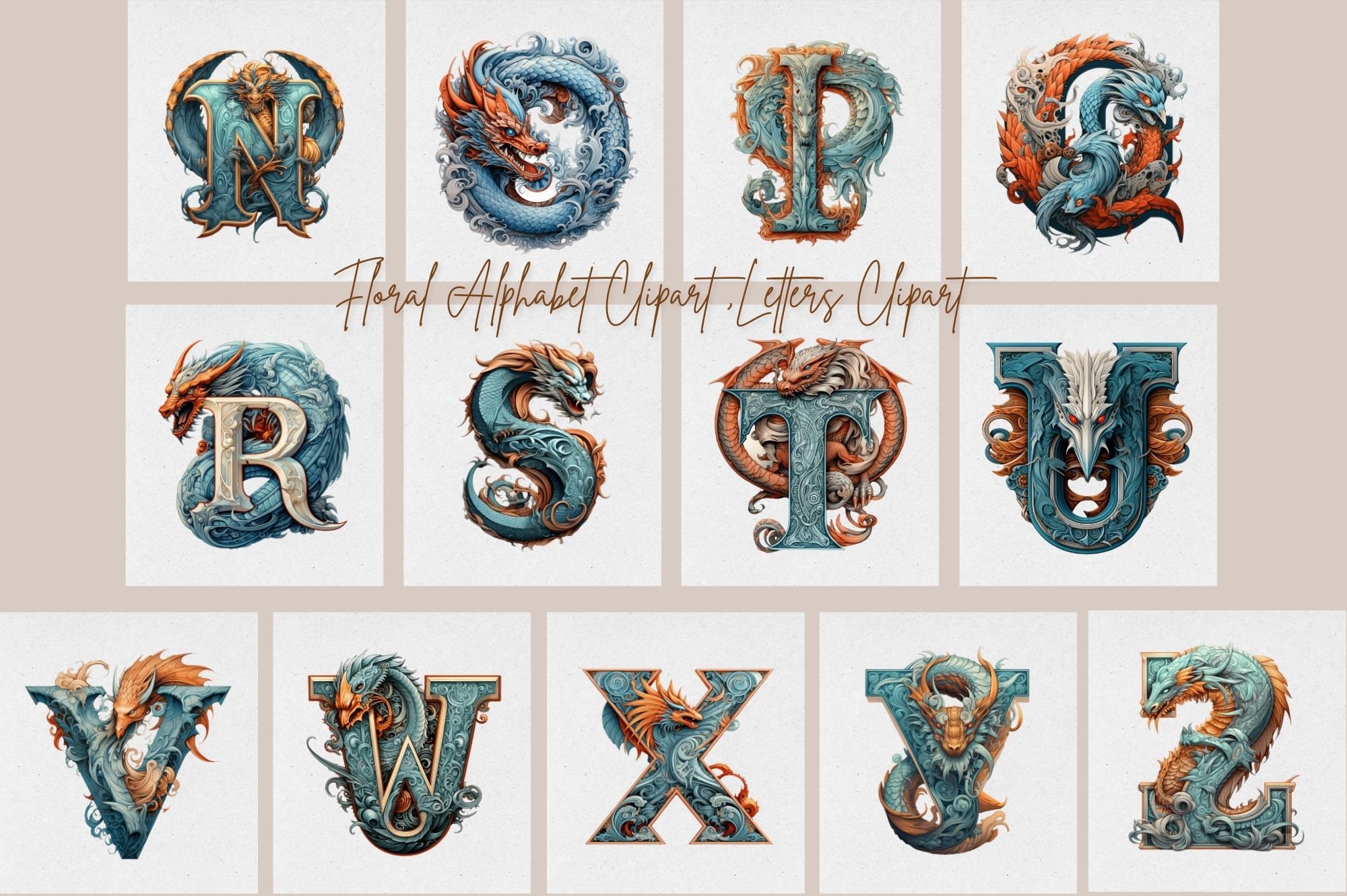 Dragon Art Letters Clipart Illuminated, Fantasy Dragon , Alphabet ...