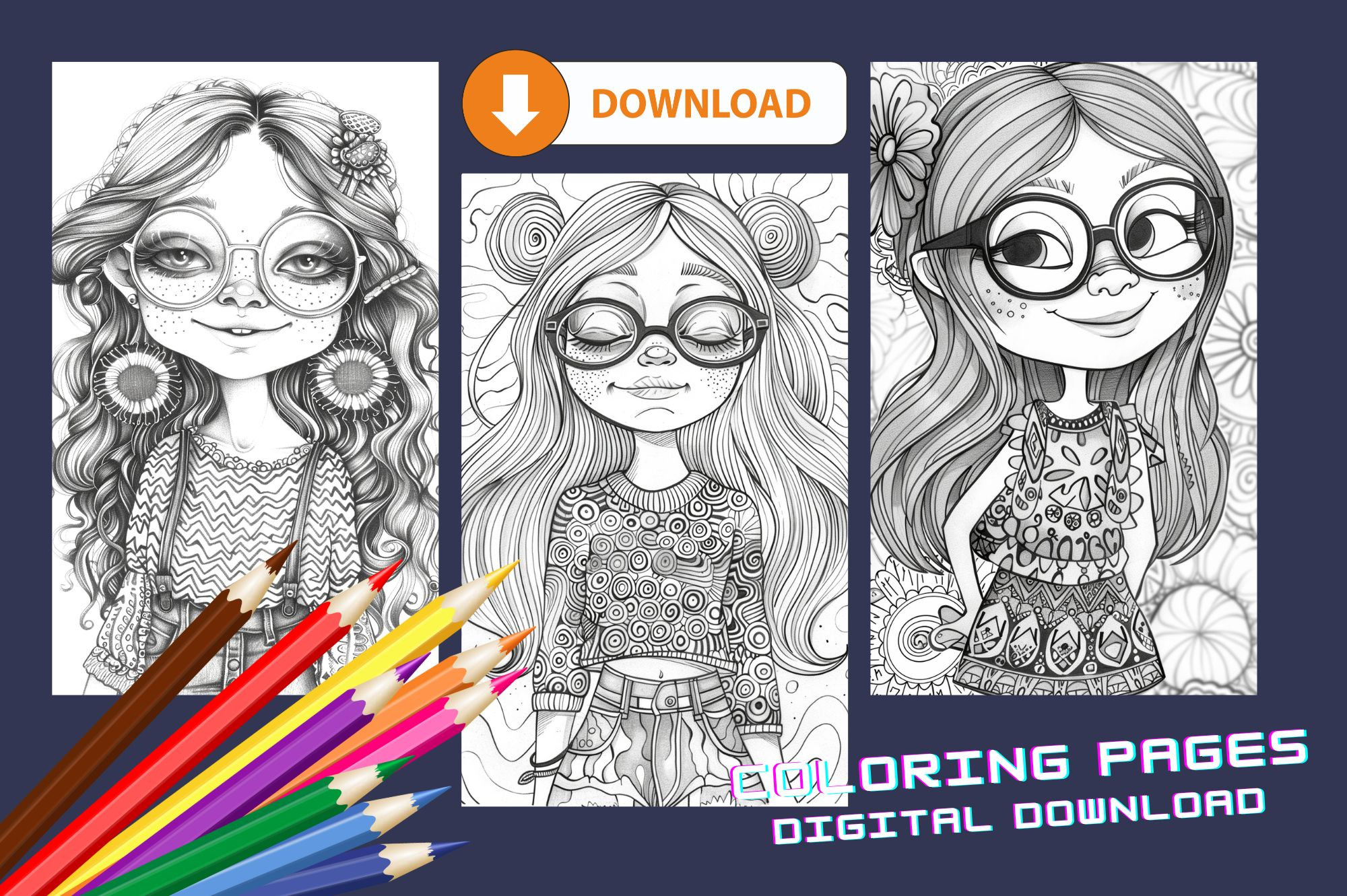 Cute Hippie Girls Coloring Pages, Printable Adult Coloring Pages ...