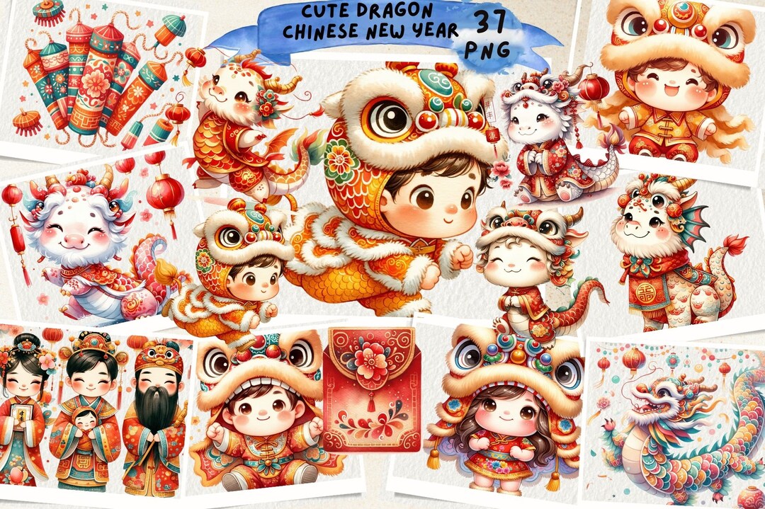 Cute Dragon Watercolor Clipart, Chinese New Year Clipart, Lion Dance ...