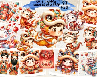 2024 Cute Dragon Clipart, Chinese New Year Watercolor Clipart, Lion ...