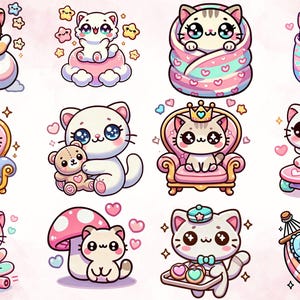 Kawaii Mini Cats Clipart, Cute Cat Digital Stickers for Scrapbooking ...