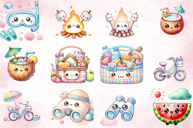 Kawaii Beach Clipart, Summer Clipart, Cute Kawaii Cartoon Characters ...