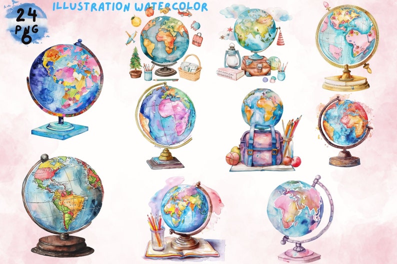Globe Watercolor Clipart, Map Globe Watercolor Clipart, Cute Globe ...