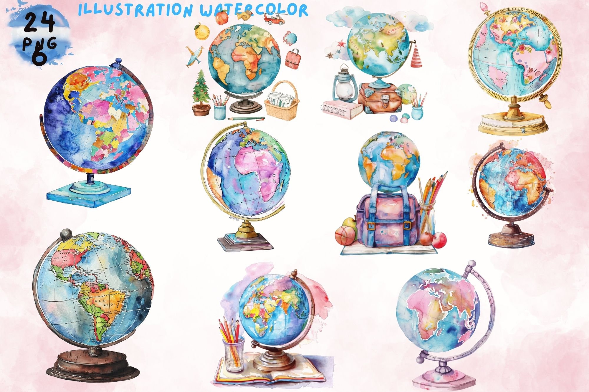 Globe Watercolor Clipart, Map Globe Watercolor Clipart, Cute Globe ...