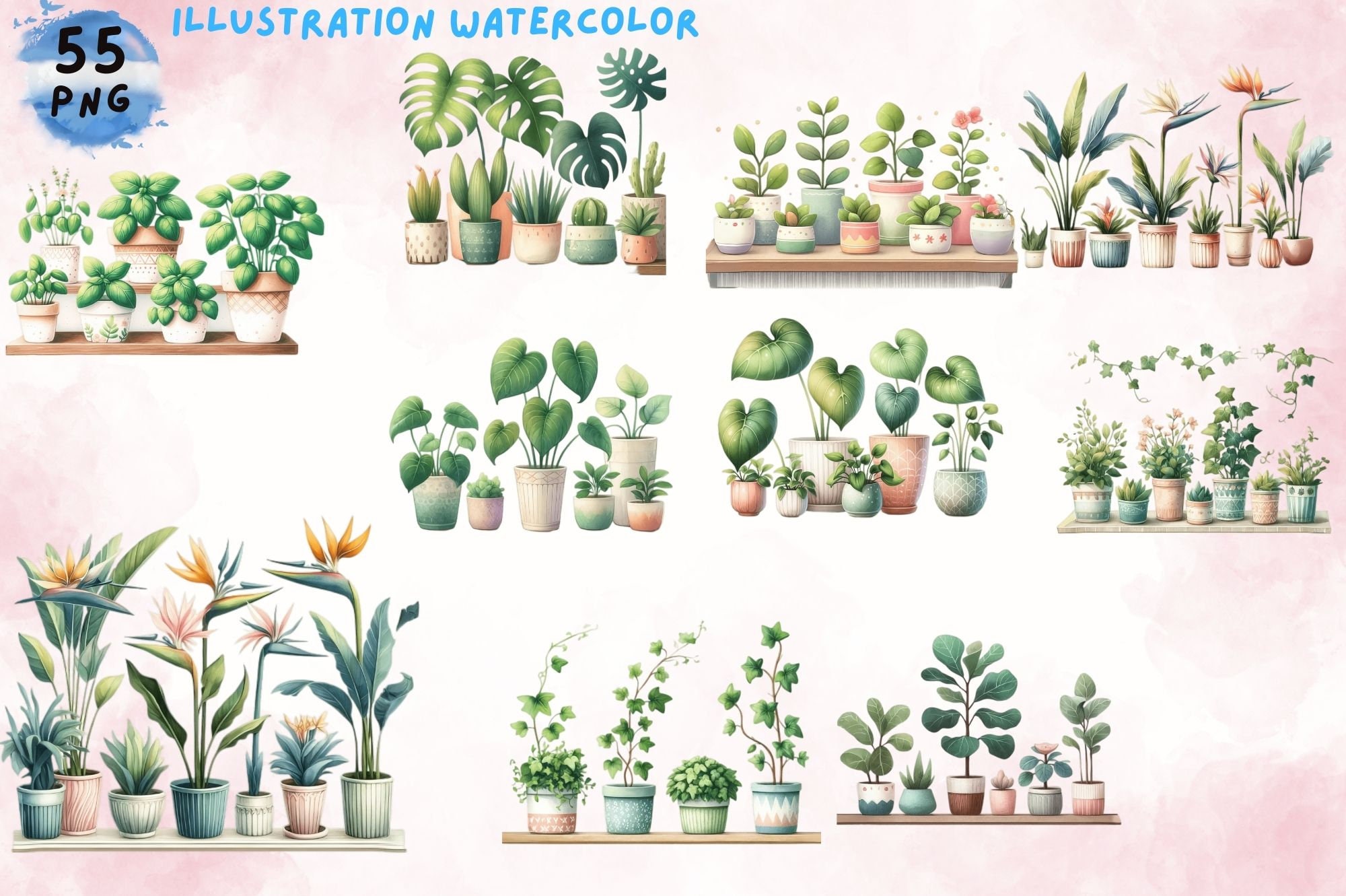 House Plant Watercolor Clipart, Potted Plant Illustration, Greenery ...