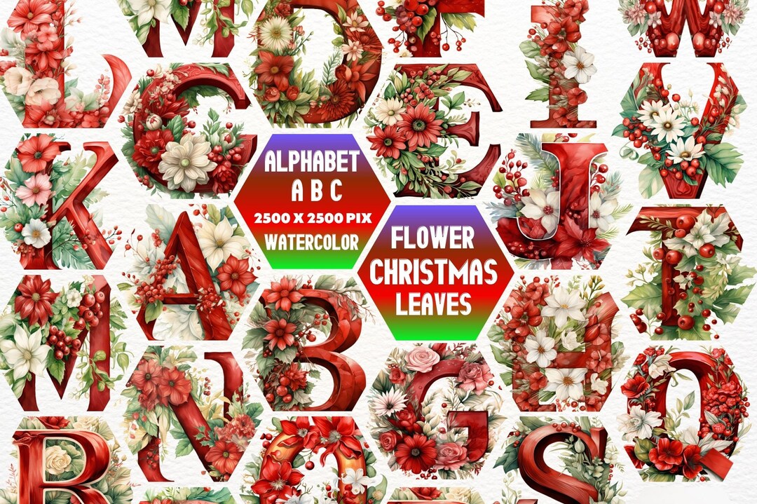 Christmas Alphabet Watercolor Clipart, Floral Letters, Santa, New Year ...