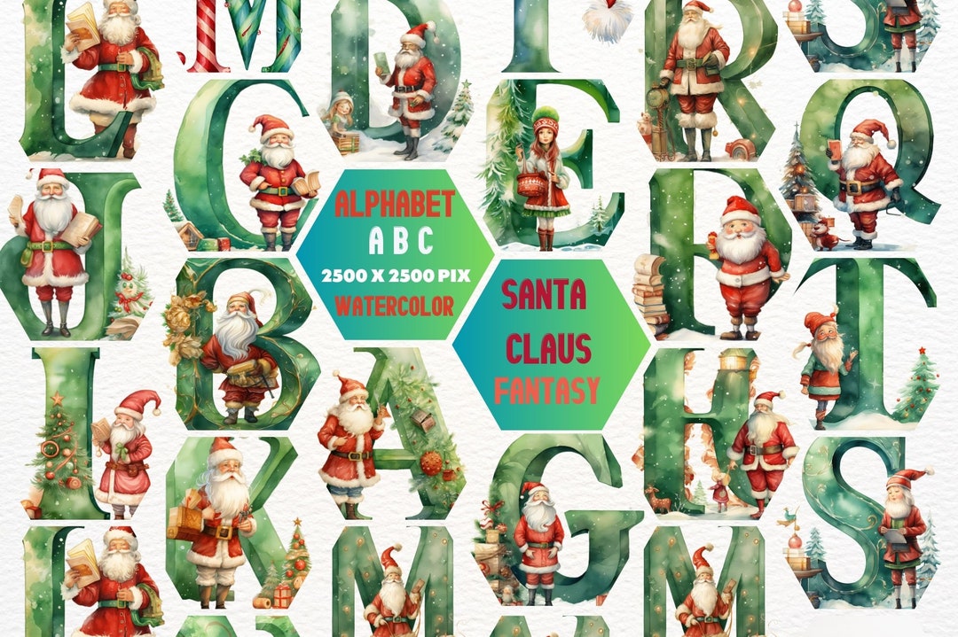 Santa Christmas Alphabet, Santa and Reindeer Red Alphabet Digital ...