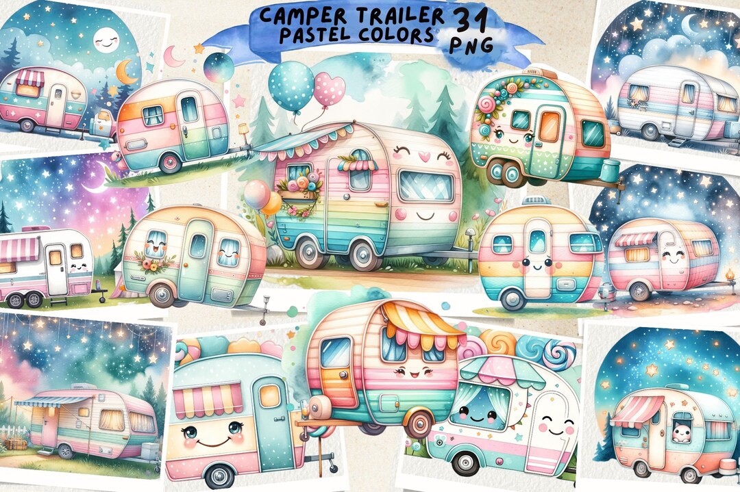 Pastel Camper Trailer Coloring Pages: Scrapbook, Junk Journal (digital ...