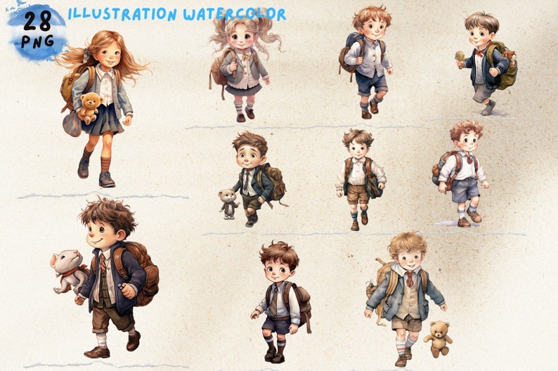 School Kids Watercolor Clipart, Children Back to School Clipart ...