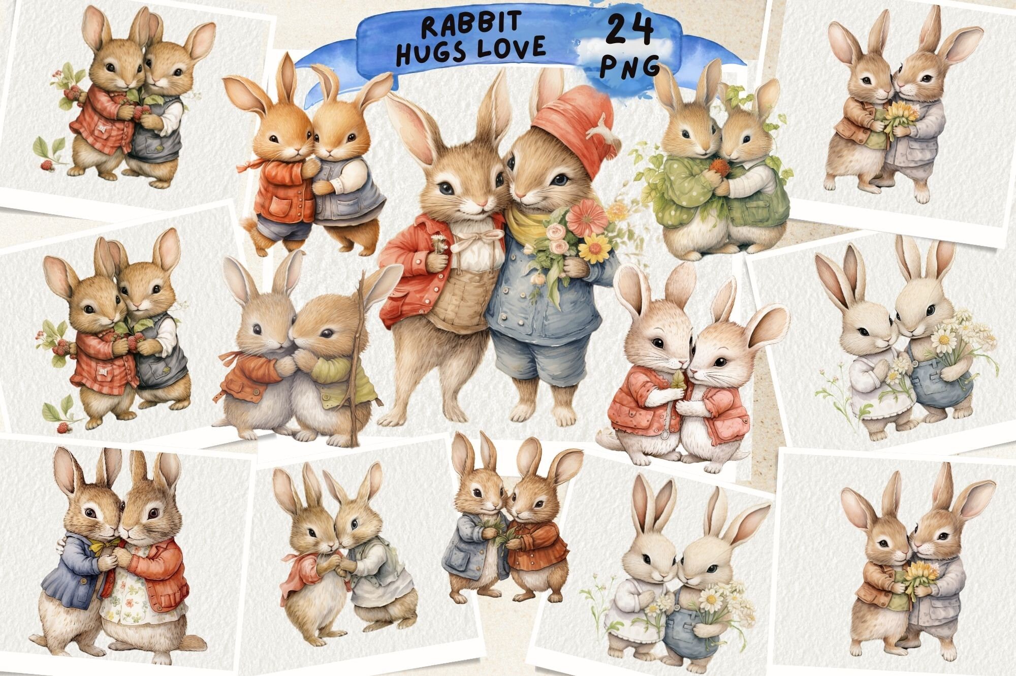 Rabbit Hugs Love Clipart, Love Bunnies, Watercolor Clipart, Digital ...