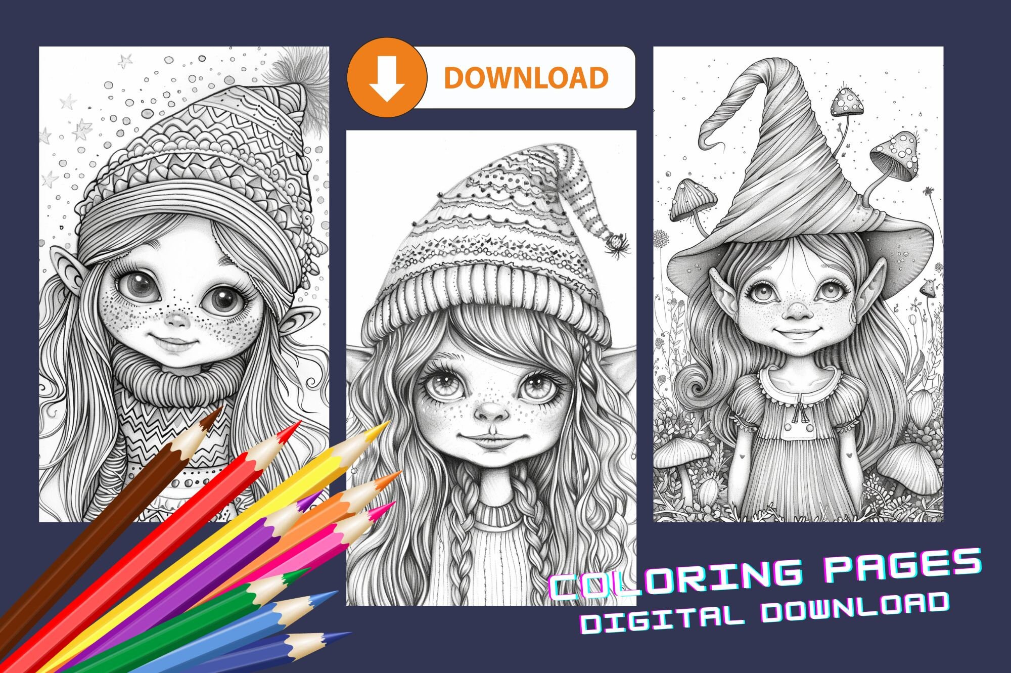 Cute Gnome Girl Coloring Pages for Kids & Adults, Gnome Girl Fantasy ...