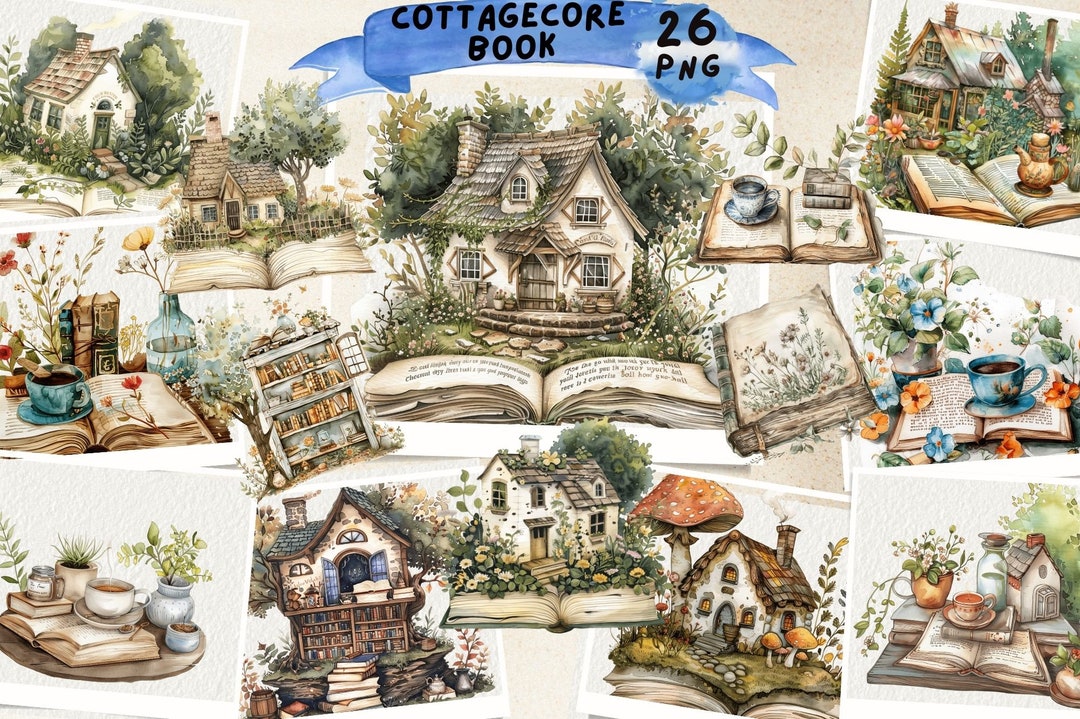 Cottagecore Books Watercolor Clipart, Floral Antique Book, Boho Vintage ...