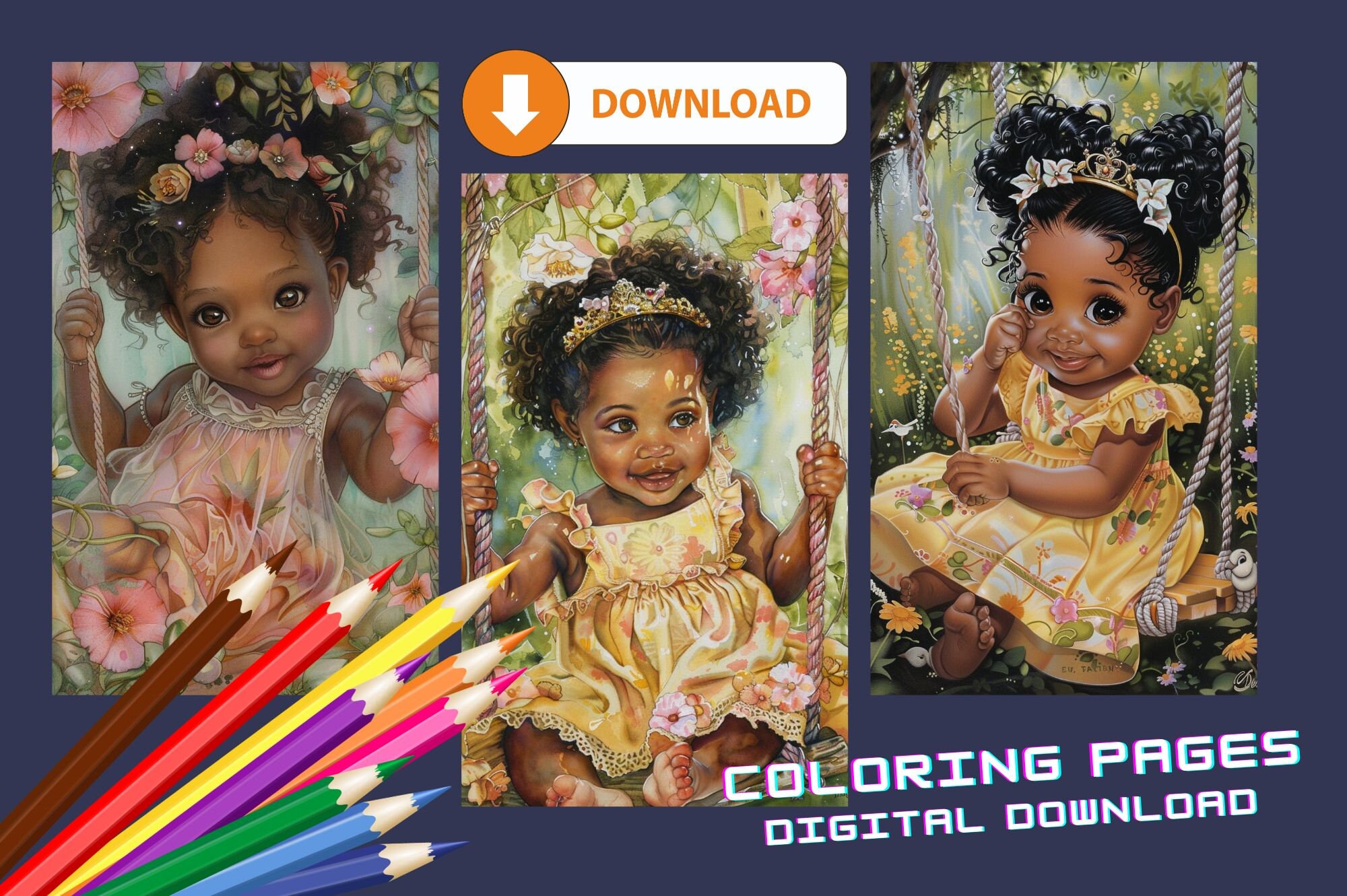 Cute Baby African Girls, Little Black Girls on Swings Coloring Page ...