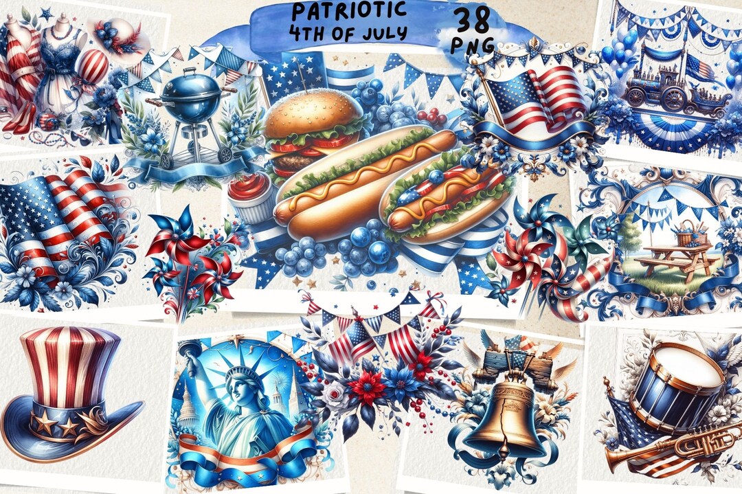 Patriotic Clipart Bundle, Watercolor American Flag, 4th of July PNG ...