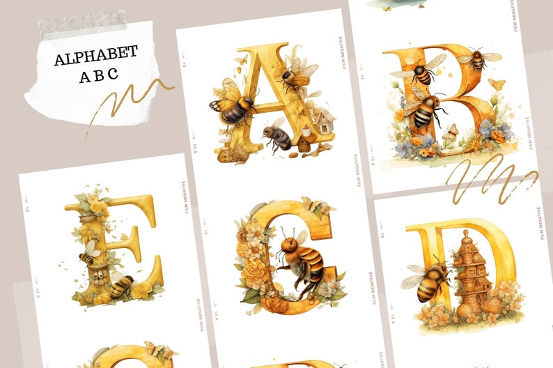 Bee Alphabet PNG: Honeycomb Doodle Clip Art Letters (digital Download ...