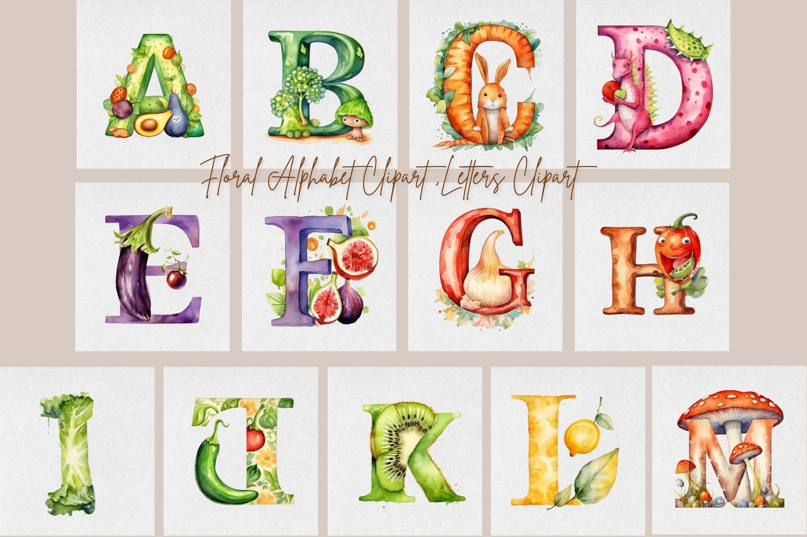 Fruits and Vegetables Alphabet Clipart, Vegetables Letters Clipart ...
