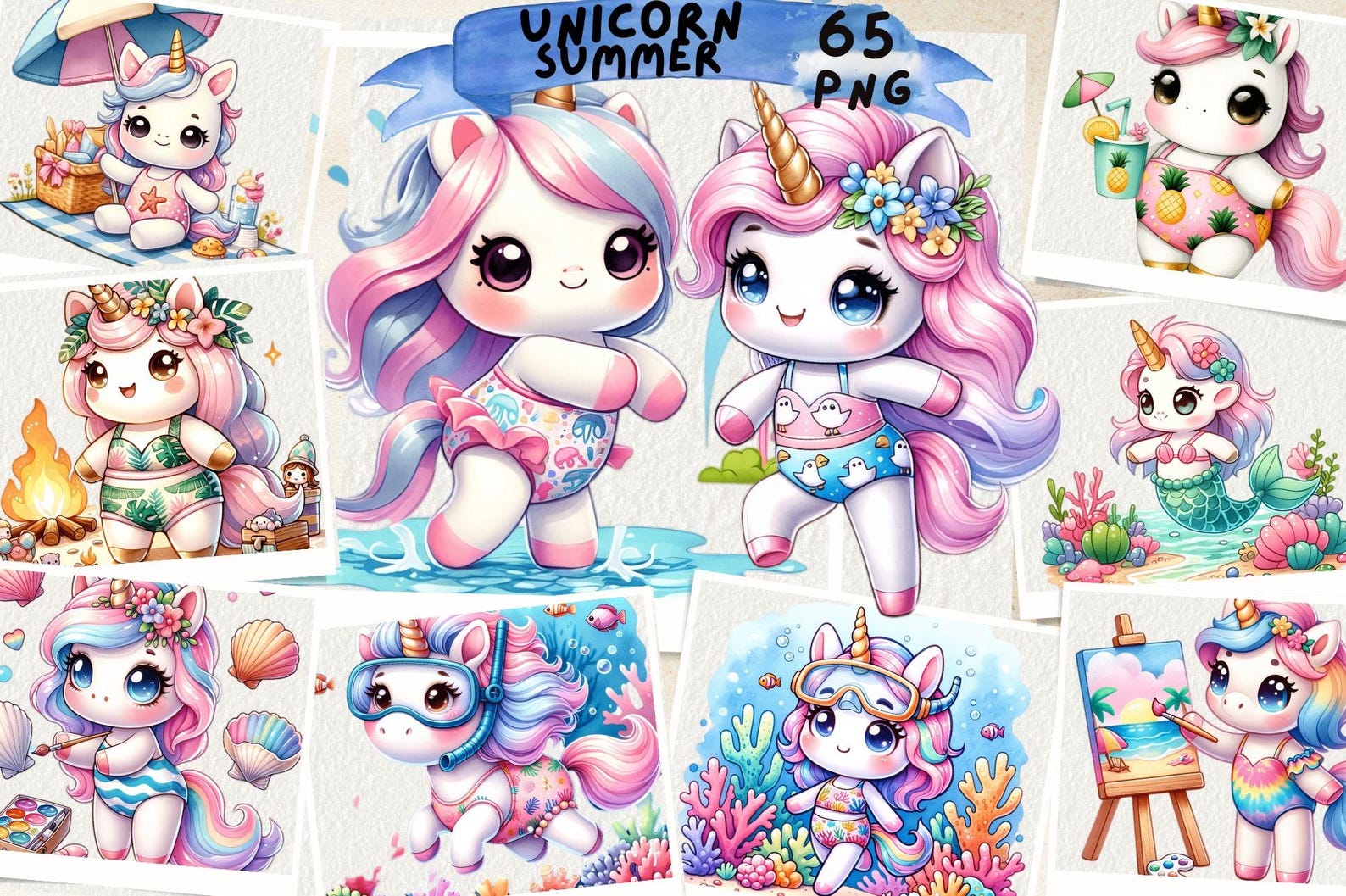 Beach Summer Unicorn Clipart: Watercolor PNG (2000x2000 Px) - Etsy