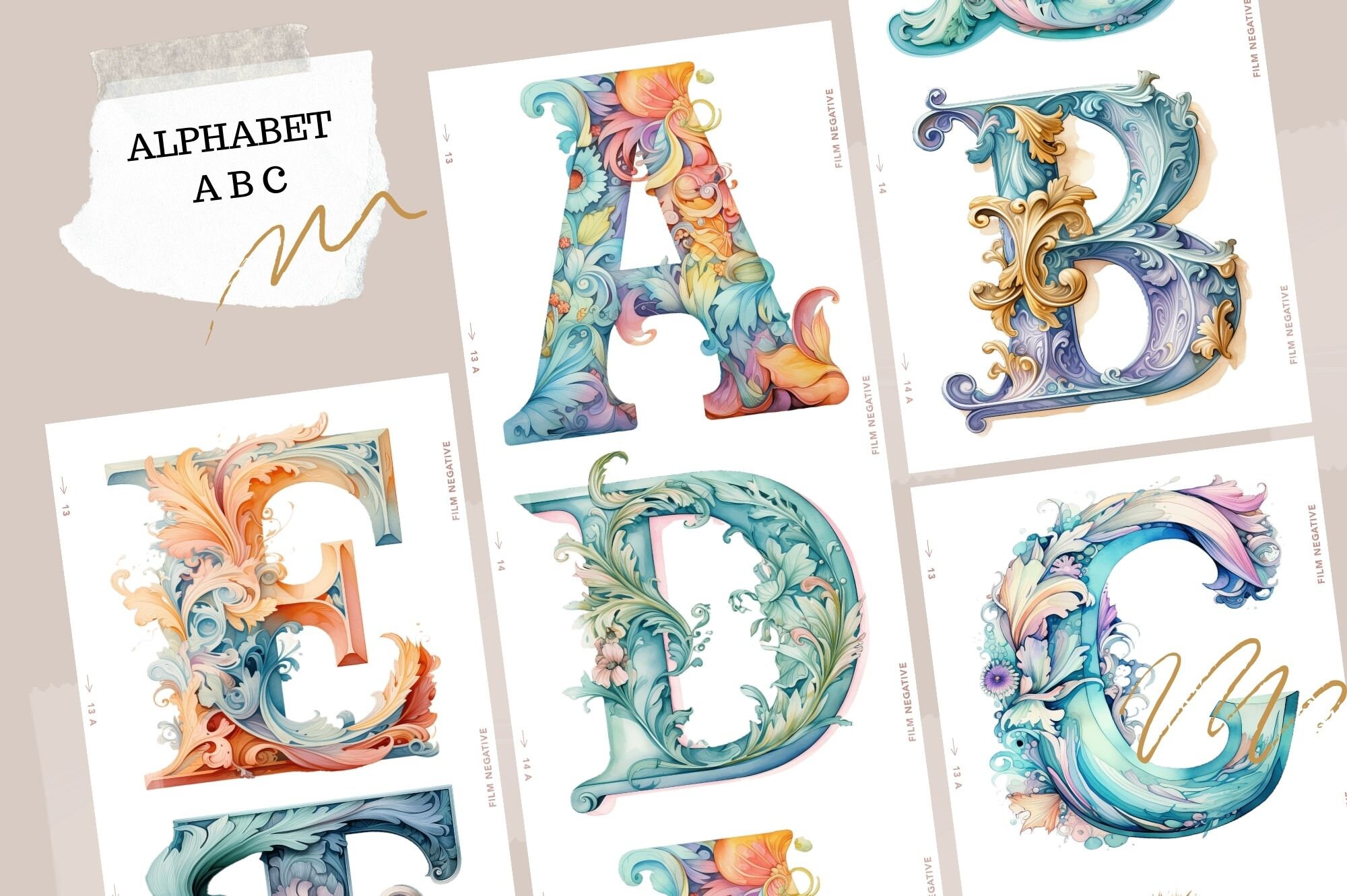 Art Nouveau Pastel Clipart, Full English Alphabet, Mystical ...