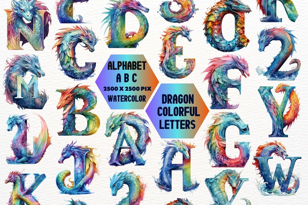 Dragon Alphabet Clipart: Watercolor Doodle Letters (PNG) - Etsy