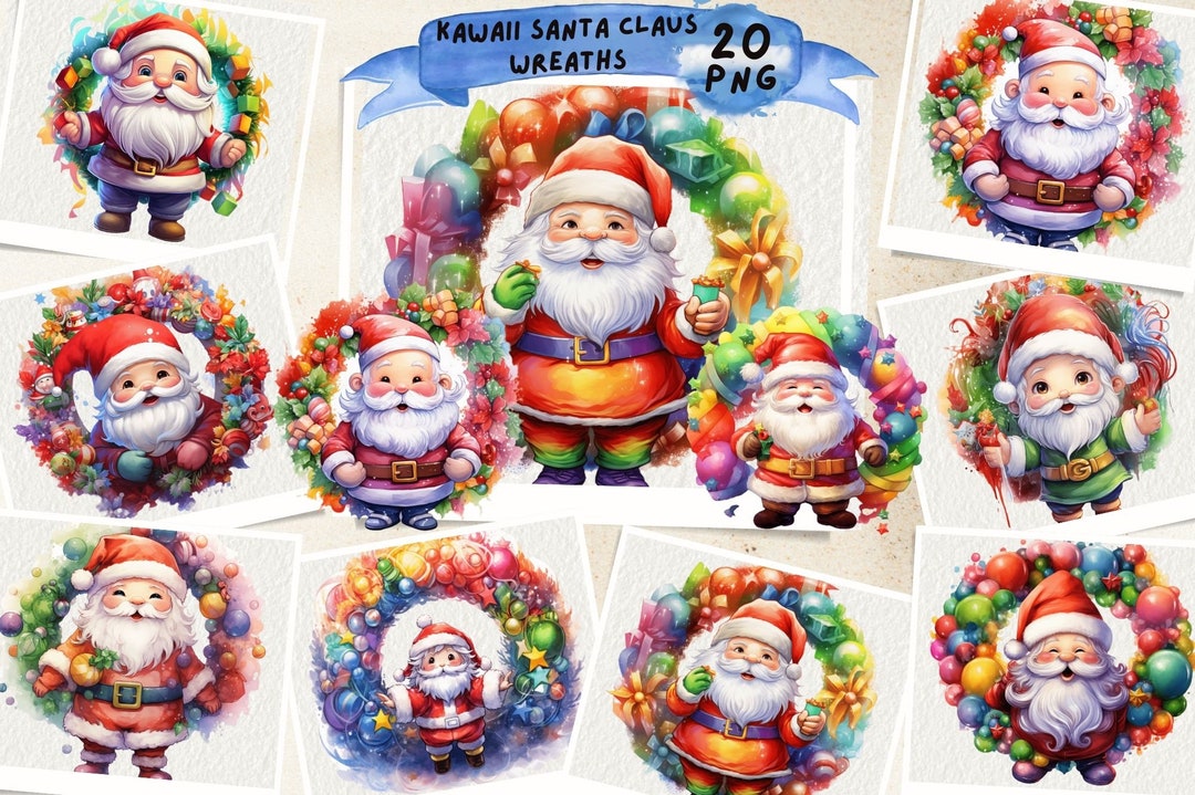 Kawaii Santa Claus Watercolor Clipart, Cute Santa Clipart, Christmas ...