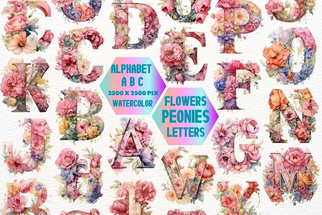 Pink Peonies Alphabet Letters, Pink Flowers Alphabet, Wedding Clipart ...