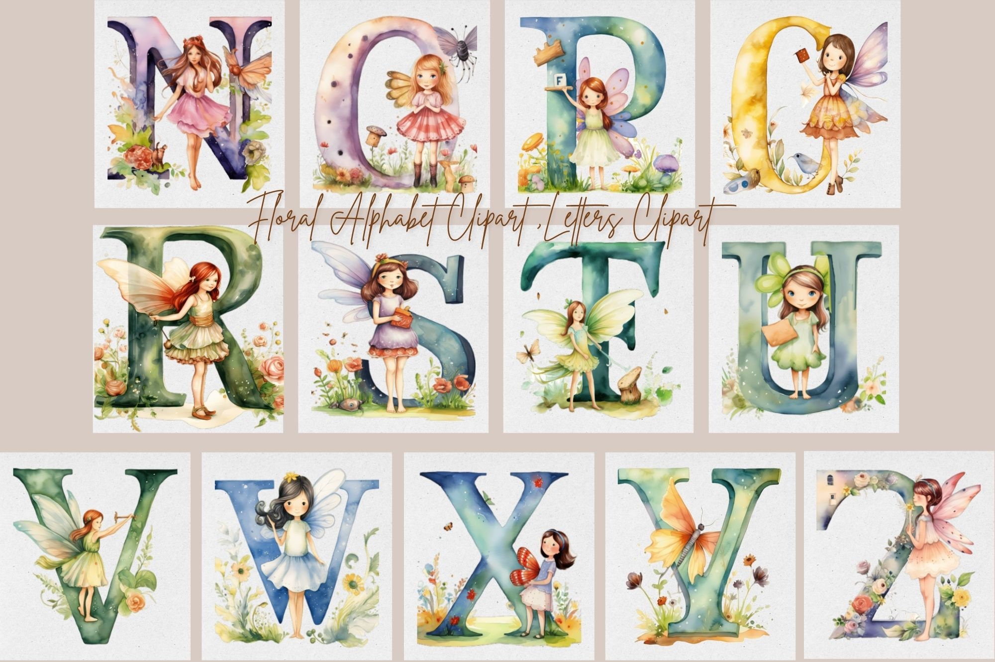 ABC Magical Fairy Watercolor Clipart, Alphabet, Letters, a to Z, Card ...