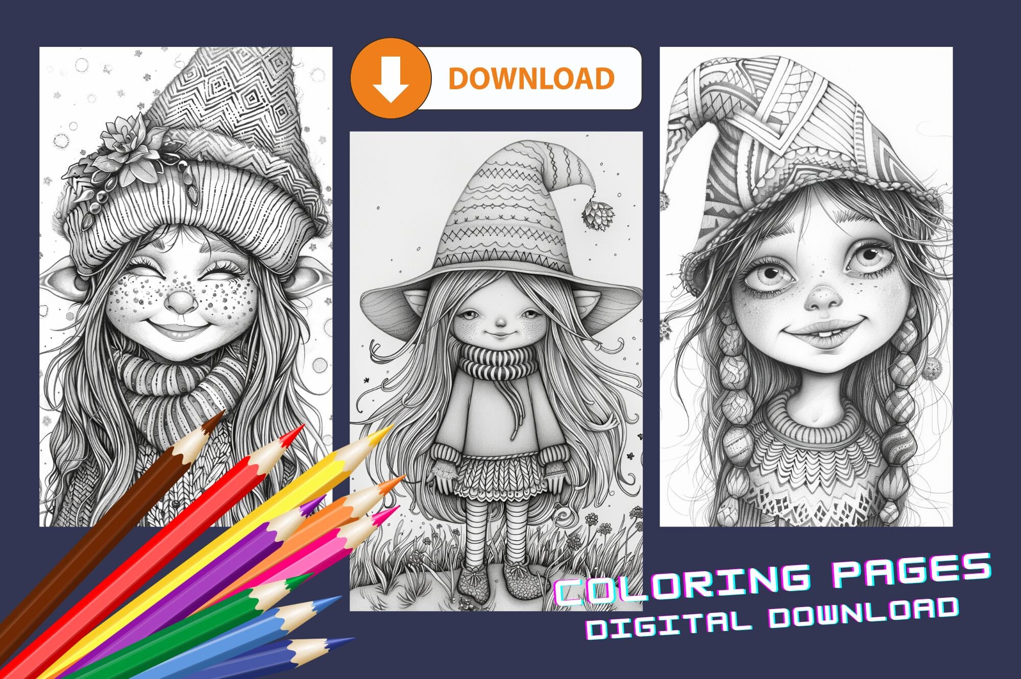 Cute Gnome Girl Coloring Pages for Kids & Adults, Gnome Girl Fantasy ...
