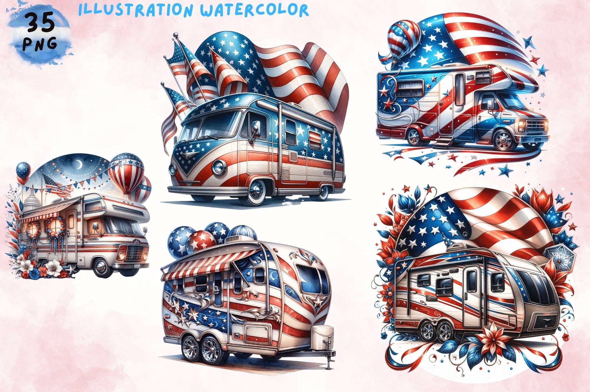 Camper Trailer Patriotic Clipart Bundle, Camper American Flag, 4th of ...
