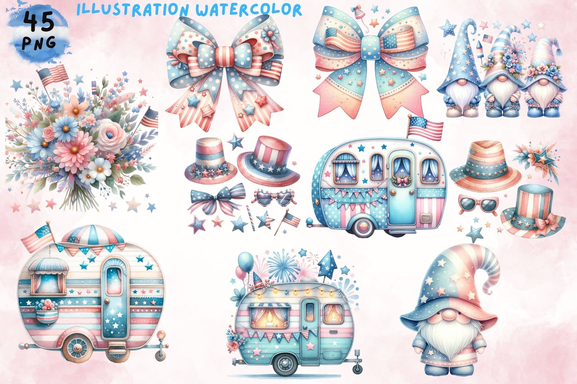 Cute Independence Day Clipart, 4th of July Watercolor Clipart Bundle ...