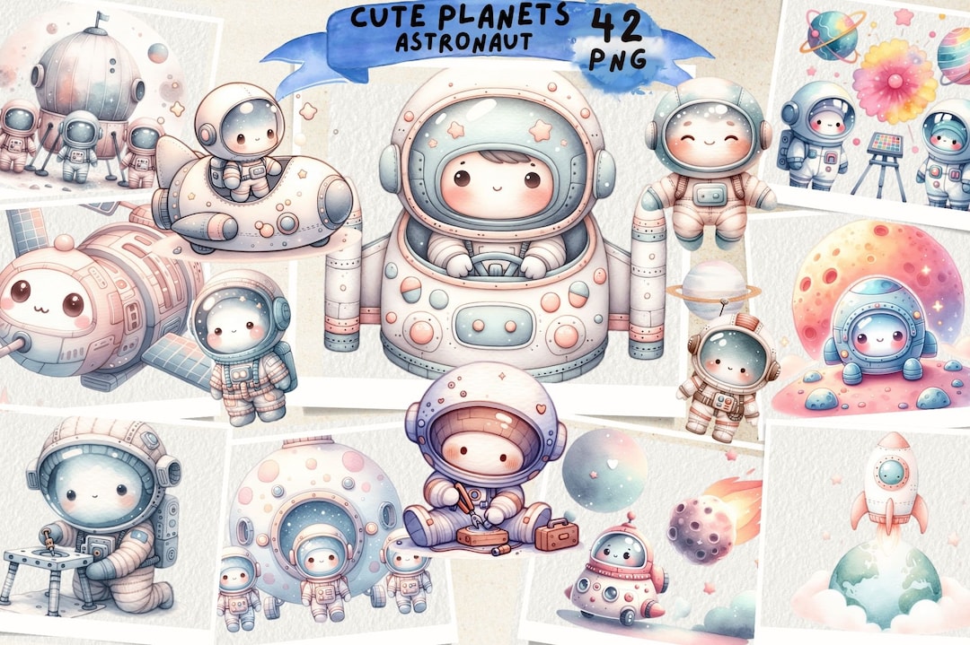 Cute Planets Clipart, Watercolor Planets, Rockets, Astronauts, Graphics ...