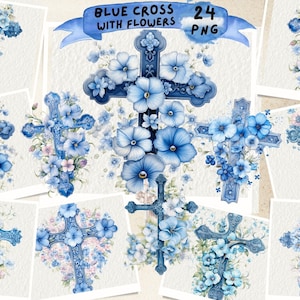 Blue Crosses Watercolor Clipart, Floral Cross Clipart, Wooden Cross ...